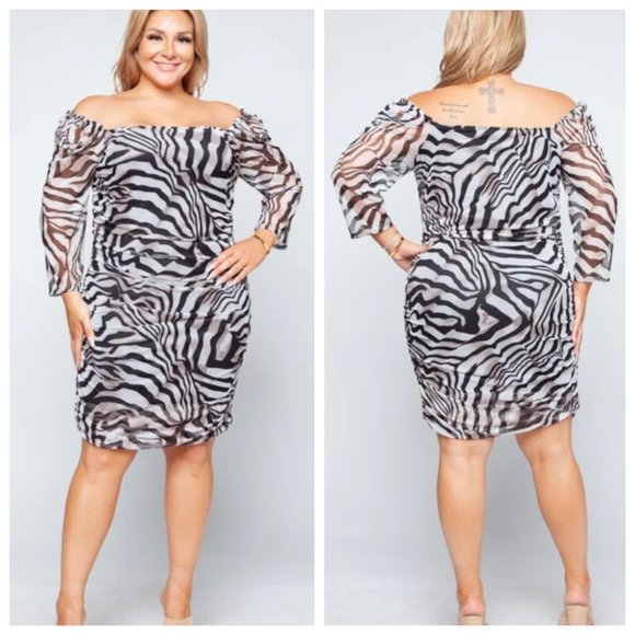 Fashion Nova | Dresses | Fashion Nova Zebra Mesh Ruched Off Shoulder ...